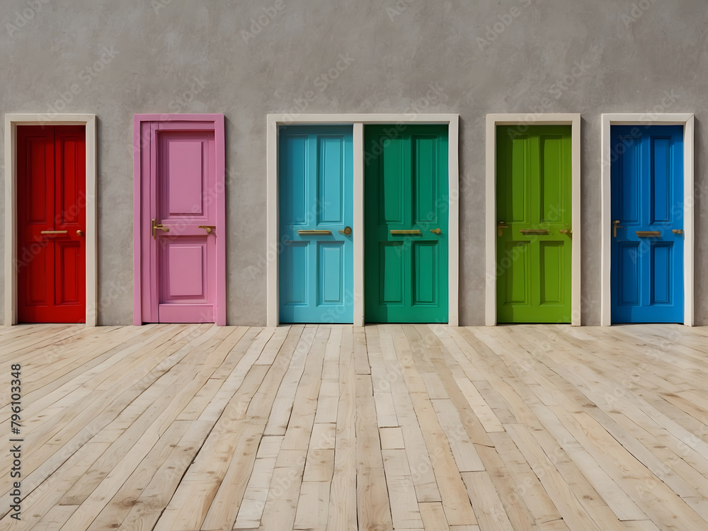 Five doors with empty walls. Five colourful doors on an isolated light ...