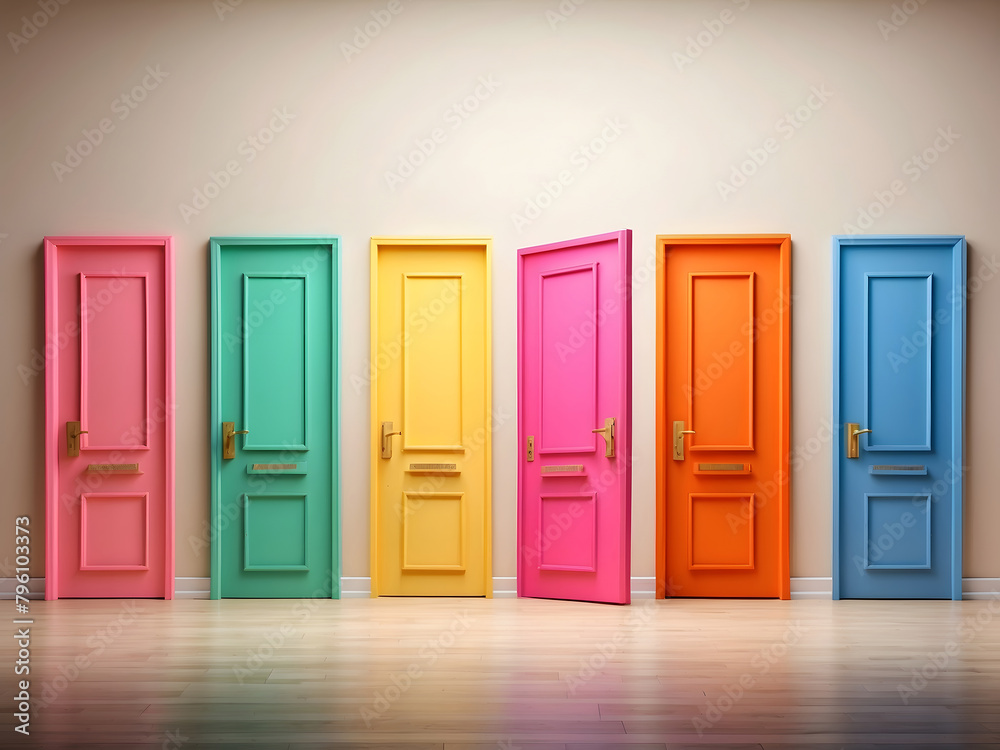Five doors with empty walls. Five colourful doors on an isolated light ...