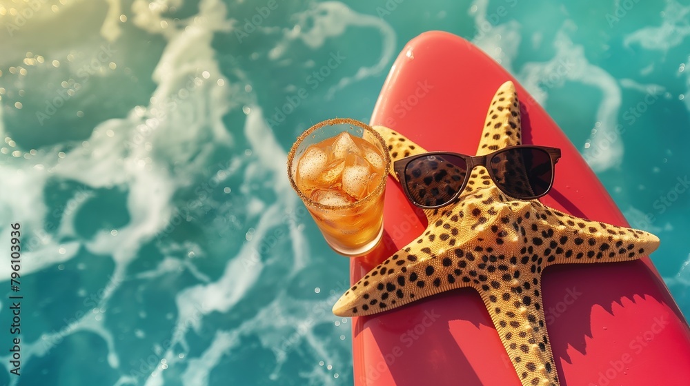 Spotted starfish in sunglasses lies on a red sap board with a glass of ...