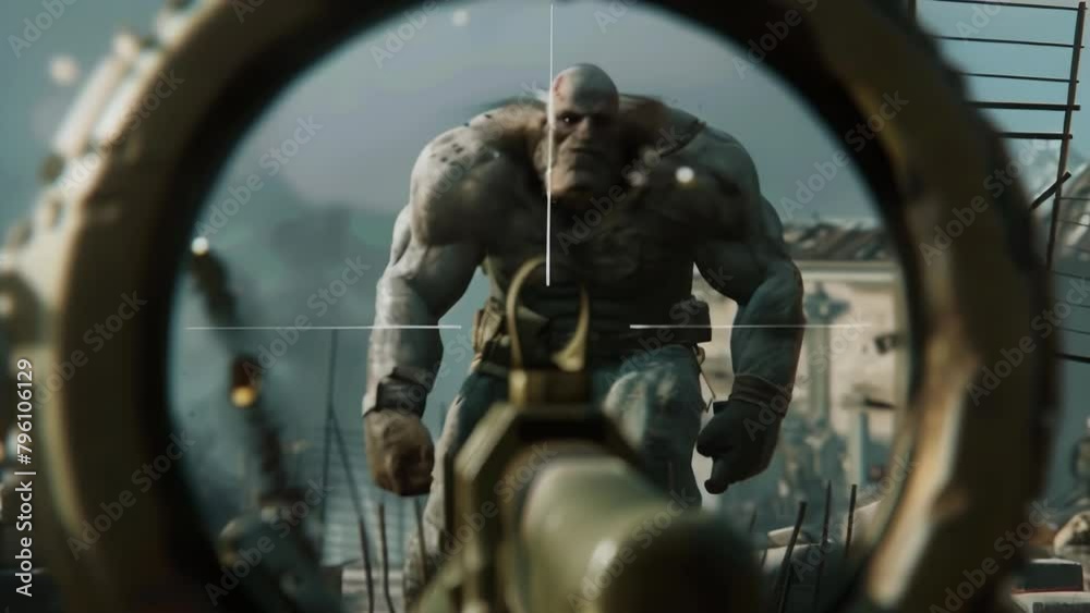 Vidéo Stock A menacing, giant creature carrying a weapon is targeted in ...