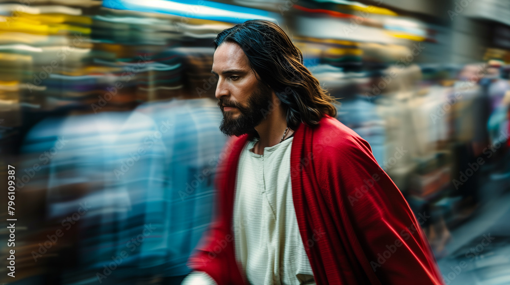 Jesus Christ walking through a modern crowded city street with motion ...