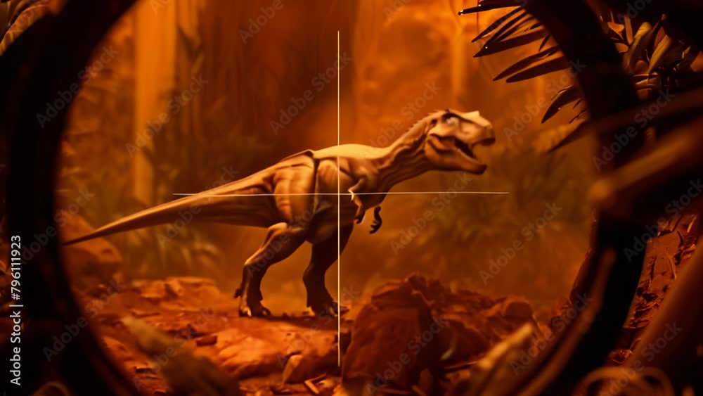 A Tyrannosaurus Rex is seen through the crosshairs of a sniper scope ...