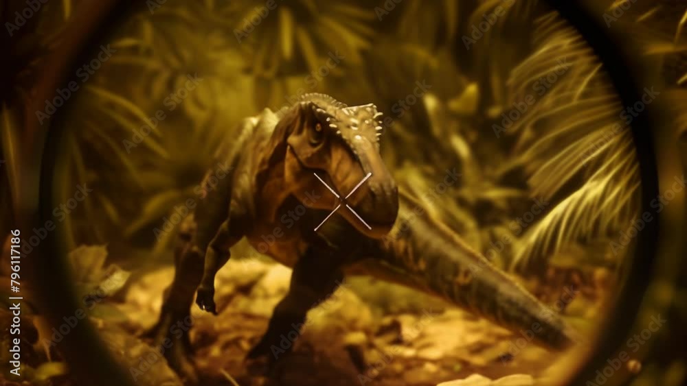 A Tyrannosaurus Rex is seen through the crosshairs of a sniper scope ...