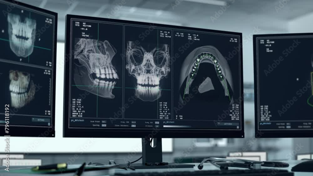 Modern x-ray scanner inspection the teeth of a sick dental care patient ...