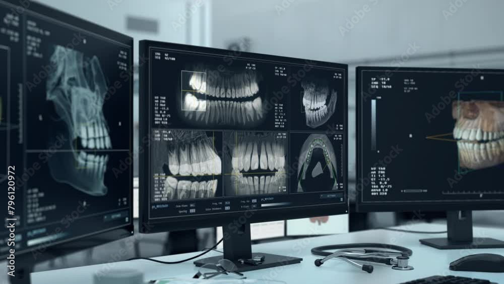Medical x-ray diagnosis system examines the teeth from various angles ...