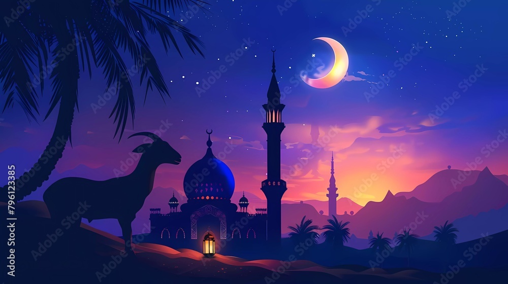 vector image illustration of mosque and goat in silhouette with glowing ...