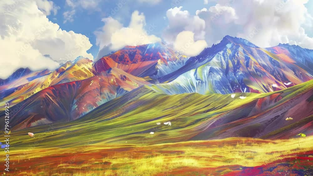 nature background with colorful mountain illustration. seamless looping ...