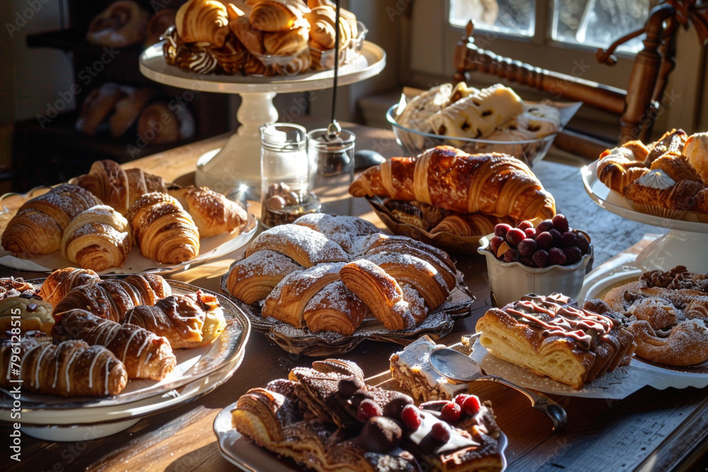 Morning light streaming onto a table set with a variety of gourmet ...