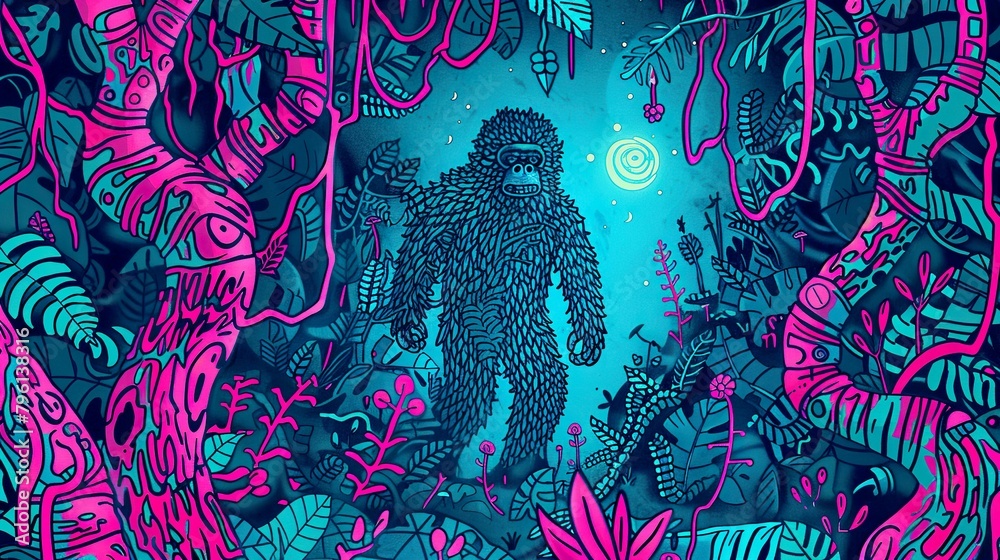 Sasquatch, tangled vines, elusive forest creature, wandering through a misty ancient woodland ...
