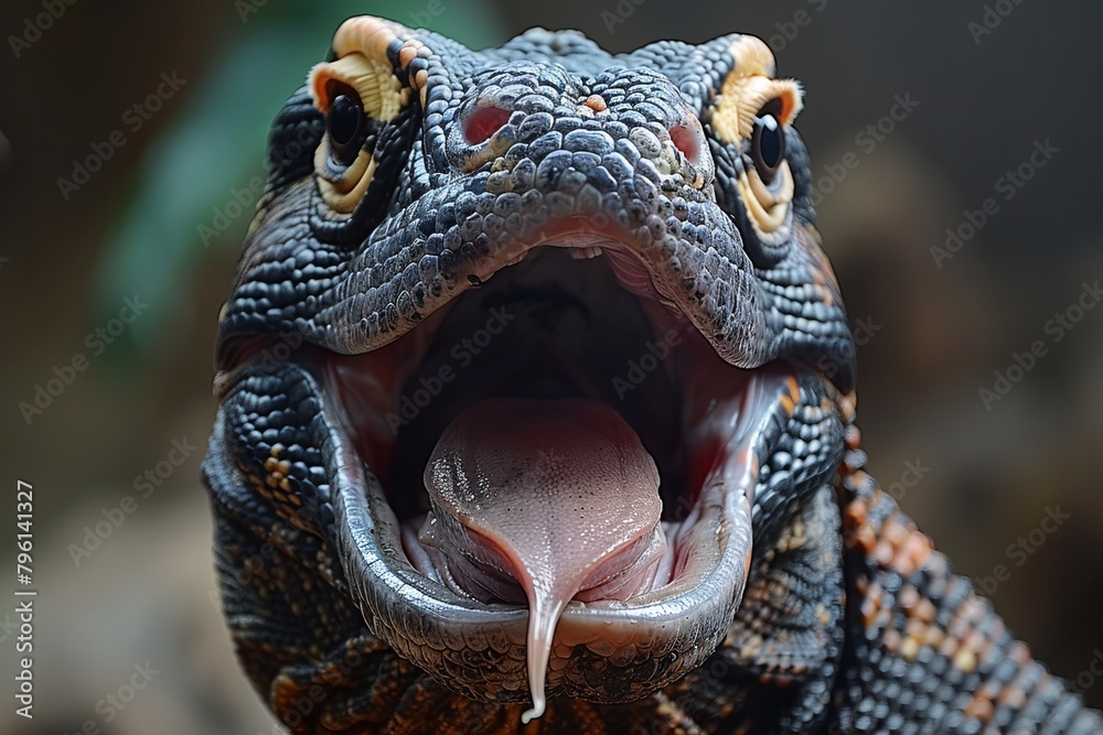 Komodo Dragon: Tongue flicking out with textured skin and forked tongue ...