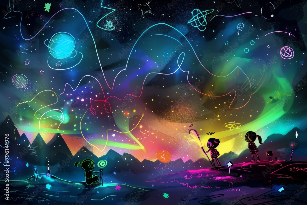 Cartoon cute doodles of characters stargazing under a neon aurora ...