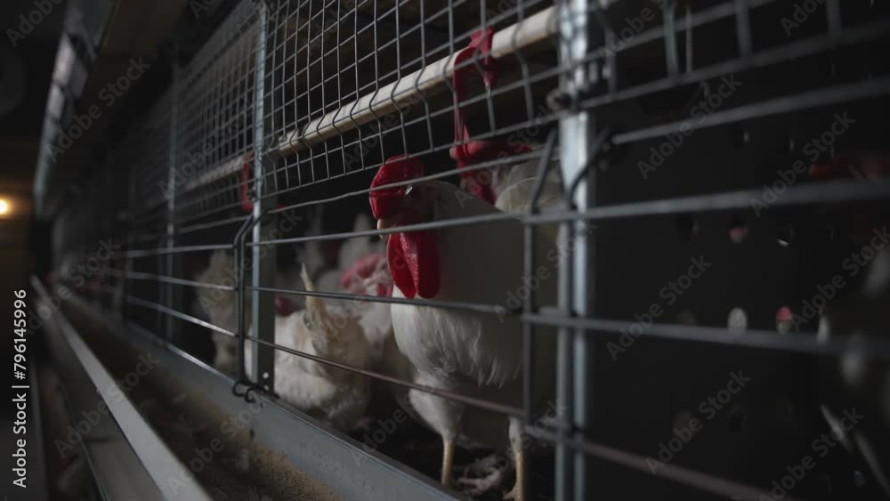Lots of birds kept inside the metal cages at the chicken layer farm ...