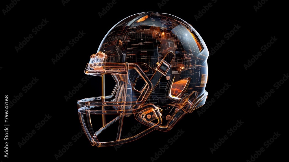 a transparent glass football helmet being built from high-tech digital ...