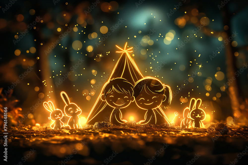 A white line art stick figure of boy and girls with a smile on them ...