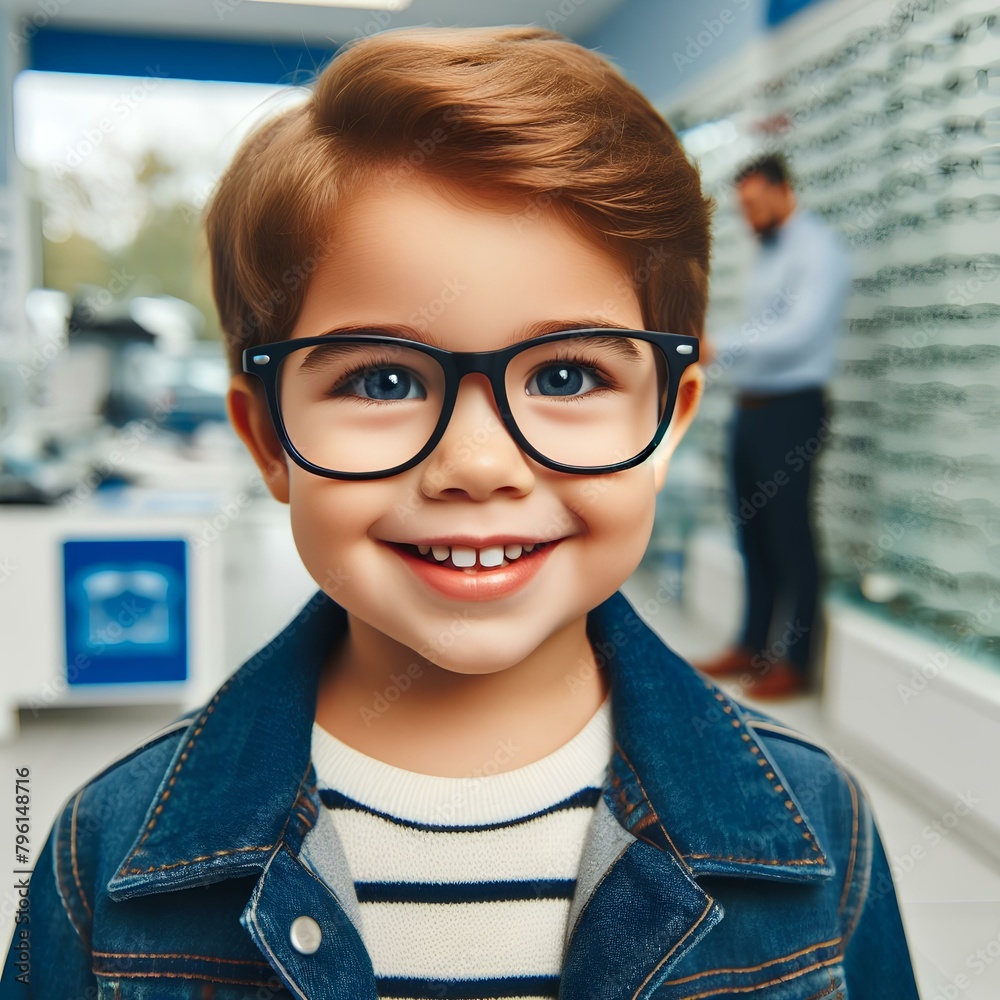Portrait of a young boy wearing glasses in a optician shop , happy ...