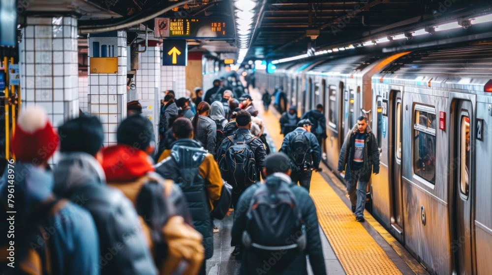 A crowded platform at a subway station, commuters waiting eagerly for ...