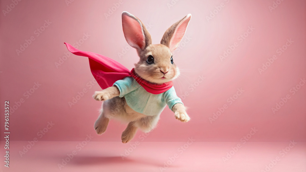 Easter Bunny Rabbit with Ribbon: A cute, pink cartoon illustration of a ...