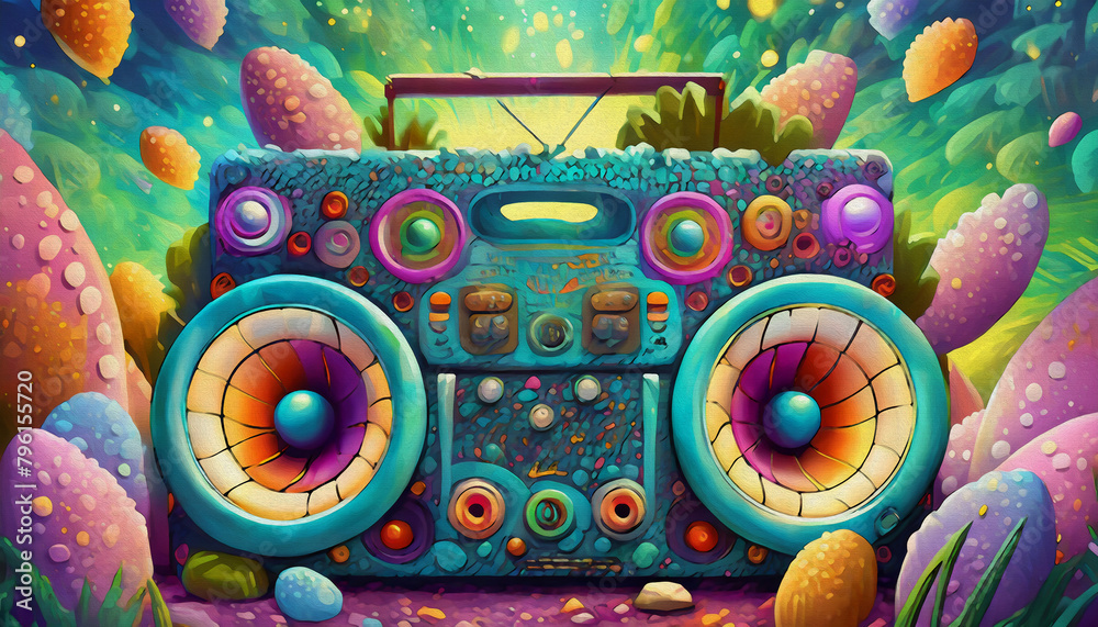 oil painting style cartoon illustration multicolored a boom box with ...