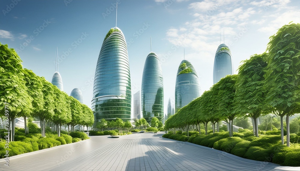Streets and high-rise buildings of a modern eco-city Eco-friendly urban ...