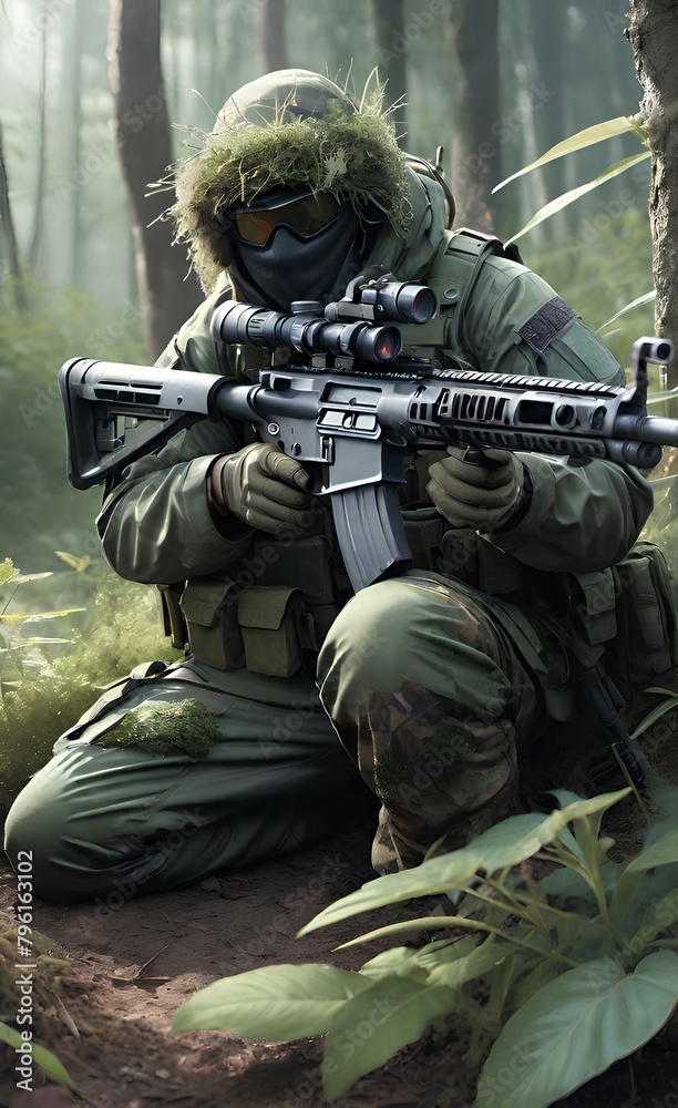 Special forces sniper soldier wearing ghillie suit laying on ground ...