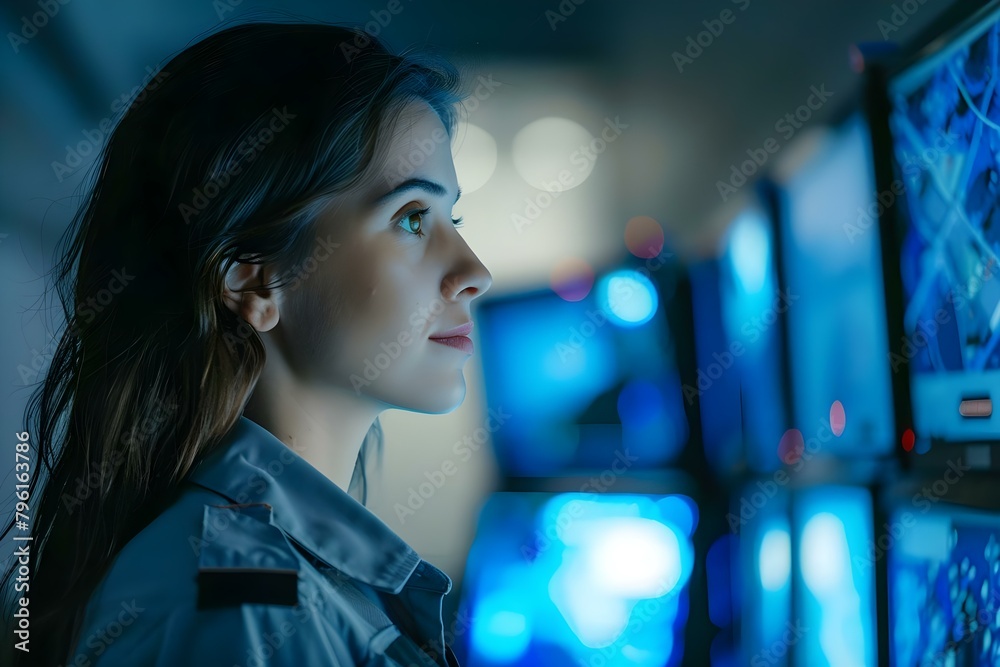 Female security guard monitors surveillance cameras during night shift ...