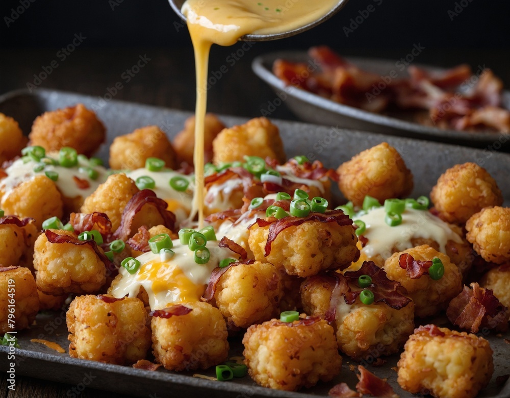 A tray of loaded tater tots topped with melted cheese, crispy bacon ...