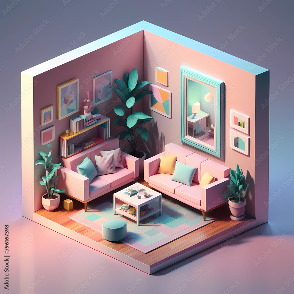 cube cutout of an isometric living room, 3d art, pastel colors, soft ...