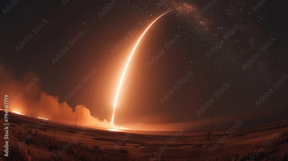 Night, light and meteor as shooting star with smoke or red sky ...