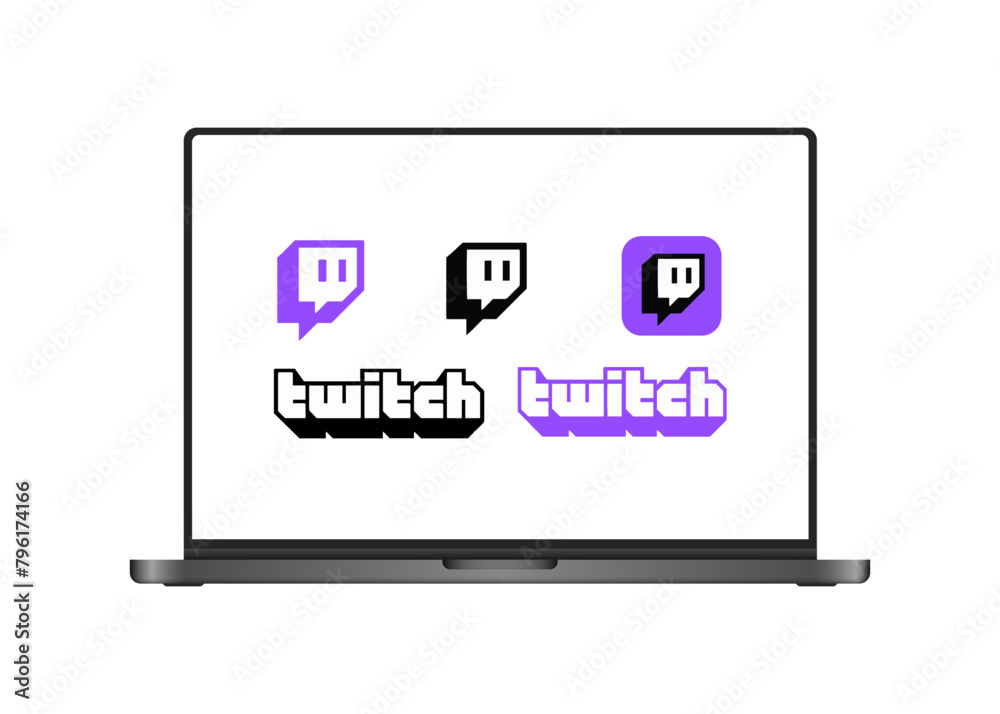 Twitch logo icons. Laptop screen interface mockup. Editorial Twitch ...