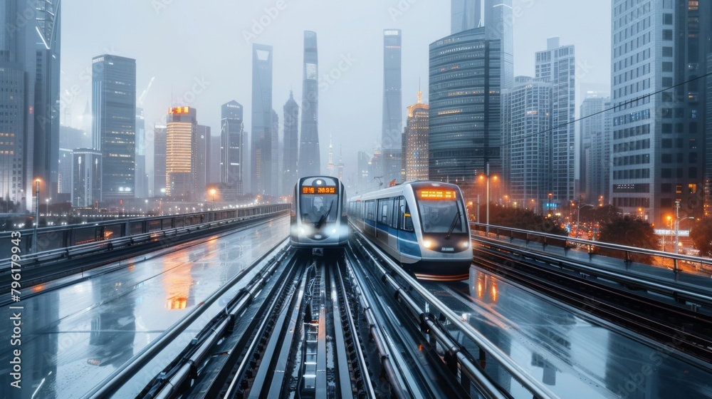 A panoramic view of a city skyline, with a sleek metro train passing in ...