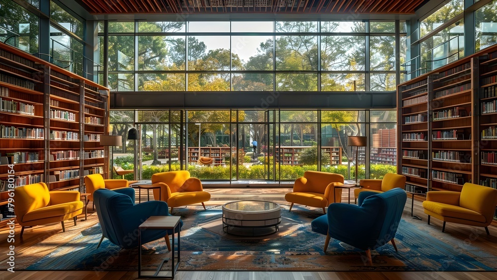 Modern library interior with panoramic windows for meetings and ...