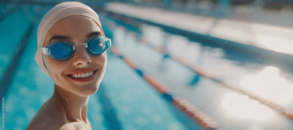 A close-up portrait of a woman's post-swim happiness, her eyes with ...