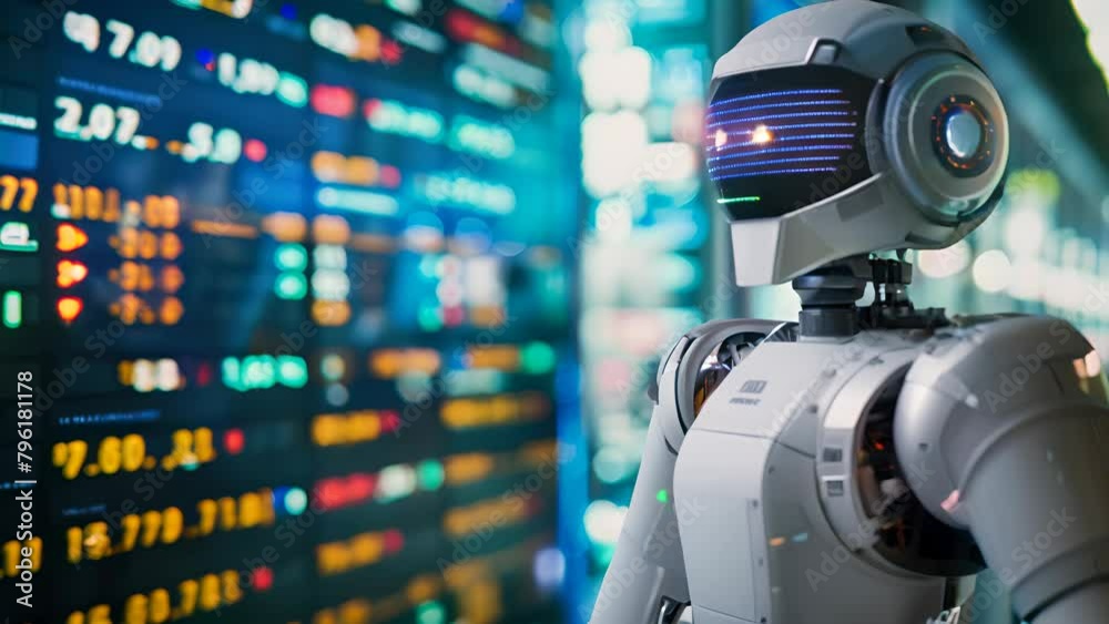 A robot is standing in front of a computer screen with a lot of numbers ...