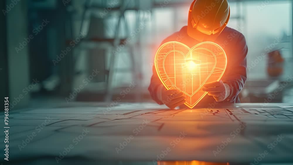 A man is holding a heart-shaped object that is lit up. The scene is set ...