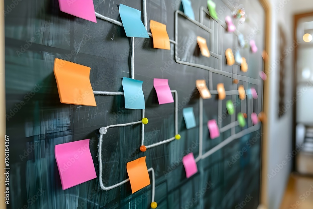 Whiteboard with sticky notes for organizing business tasks in a ...