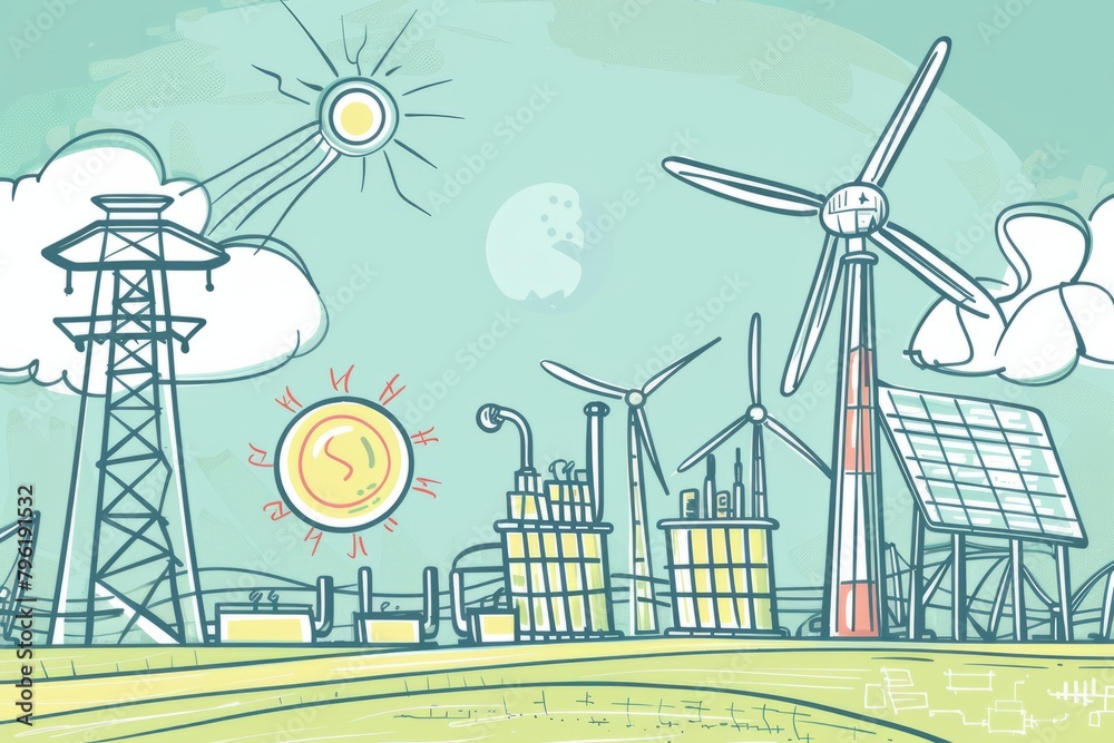 Cartoon cute doodles of a futuristic energy grid powered by renewable ...