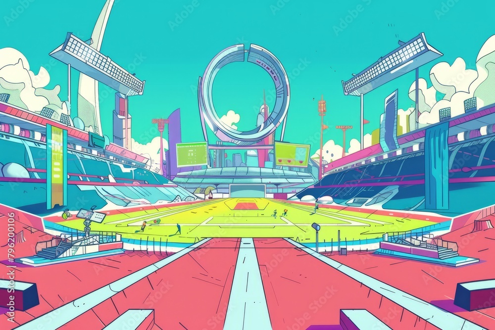 Cartoon cute doodles of a futuristic sports stadium where athletes ...