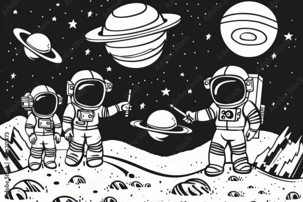 Cartoon cute doodles of a team of astronauts exploring a distant planet ...