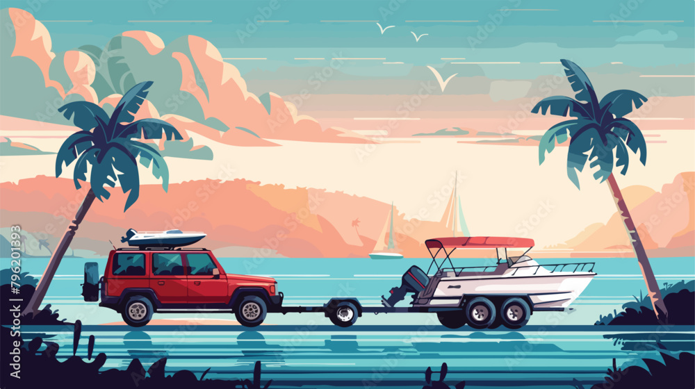 SUV car with a driver tows a trailer with a boat agai Stock Vector ...