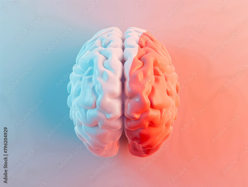 Human brain divided in two hemispheres, blue and red, on a pink and ...