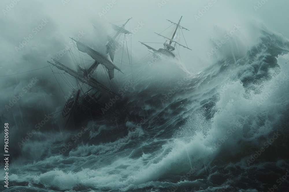 The tragic moment of a ship capsizing in a typhoon, with tumultuous ...