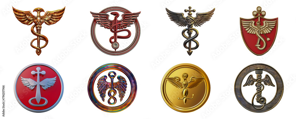 Collection of medical caduceus symbols in various artistic designs cut ...