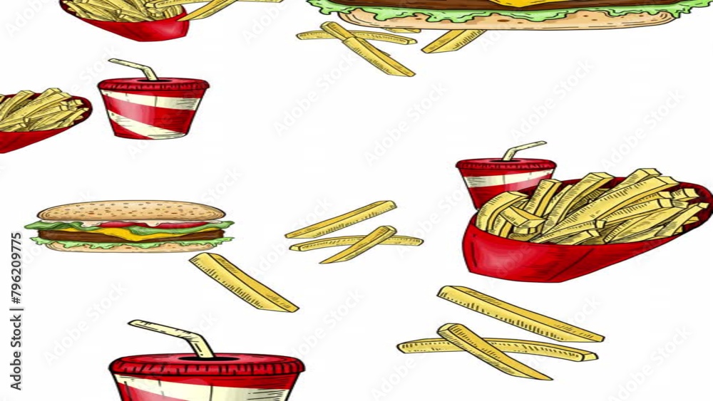 Vertical Animated Hand Drawn Falling Burger, French Fries and Juice ...