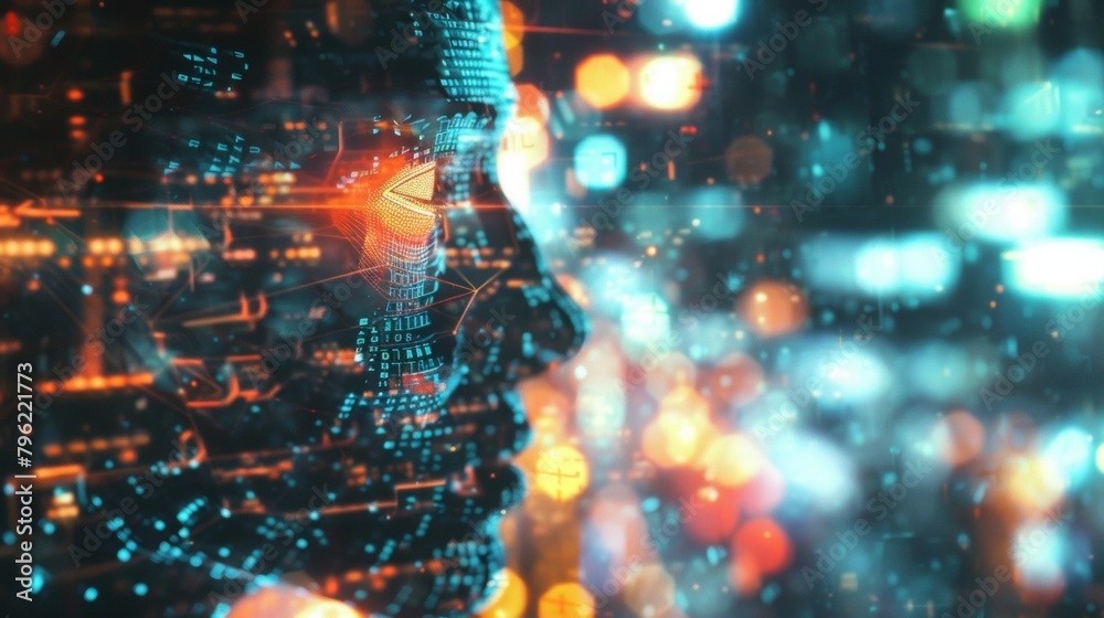 Against a backdrop of blurred city lights and pixelated screens shadowy ...