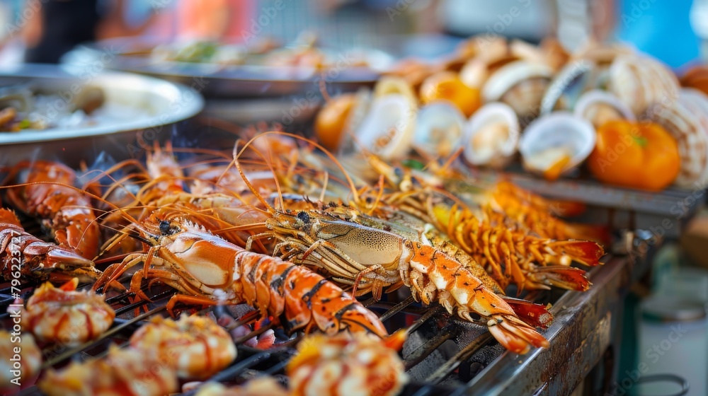 An outdoor seafood festival with stalls offering a variety of grilled ...