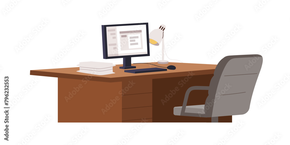 Workplace with desk empty vacant office chair desktop computer lamp. Workstation work place business table with PC monitor and armchair. Flat vector illustration isolated on white background Stock Vek...