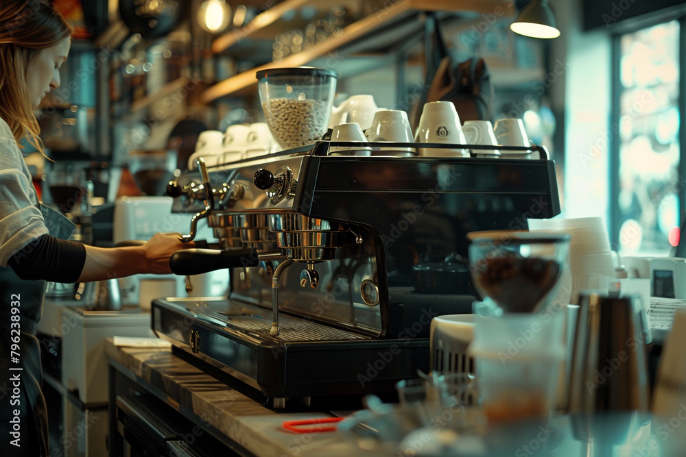 Zoomed-in image of a barista at a coffee shop, background showing ...