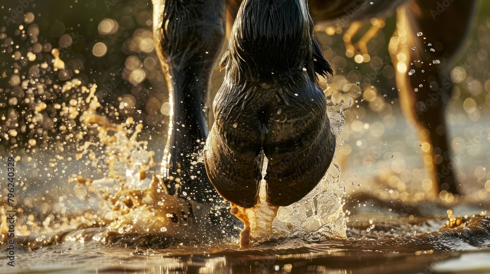 water buffalo's hooves splashing in the water as it digs a canal, with ...