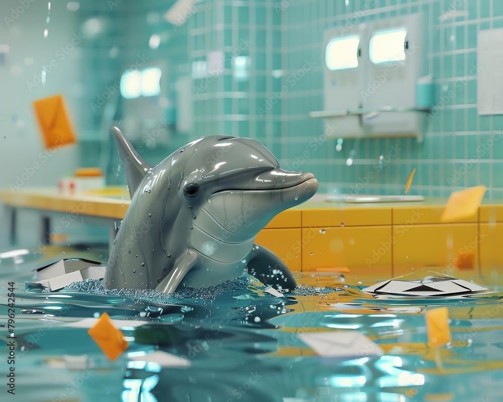 Dolphin sorting mail at a submerged desk, focus on the playful and ...