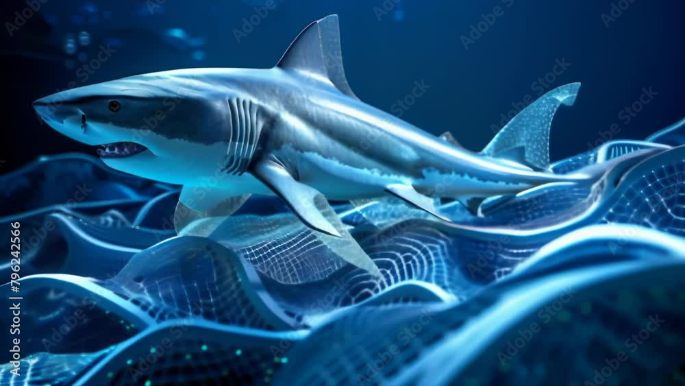 Futuristic 3D wireframe model of a great white shark swimming through ...